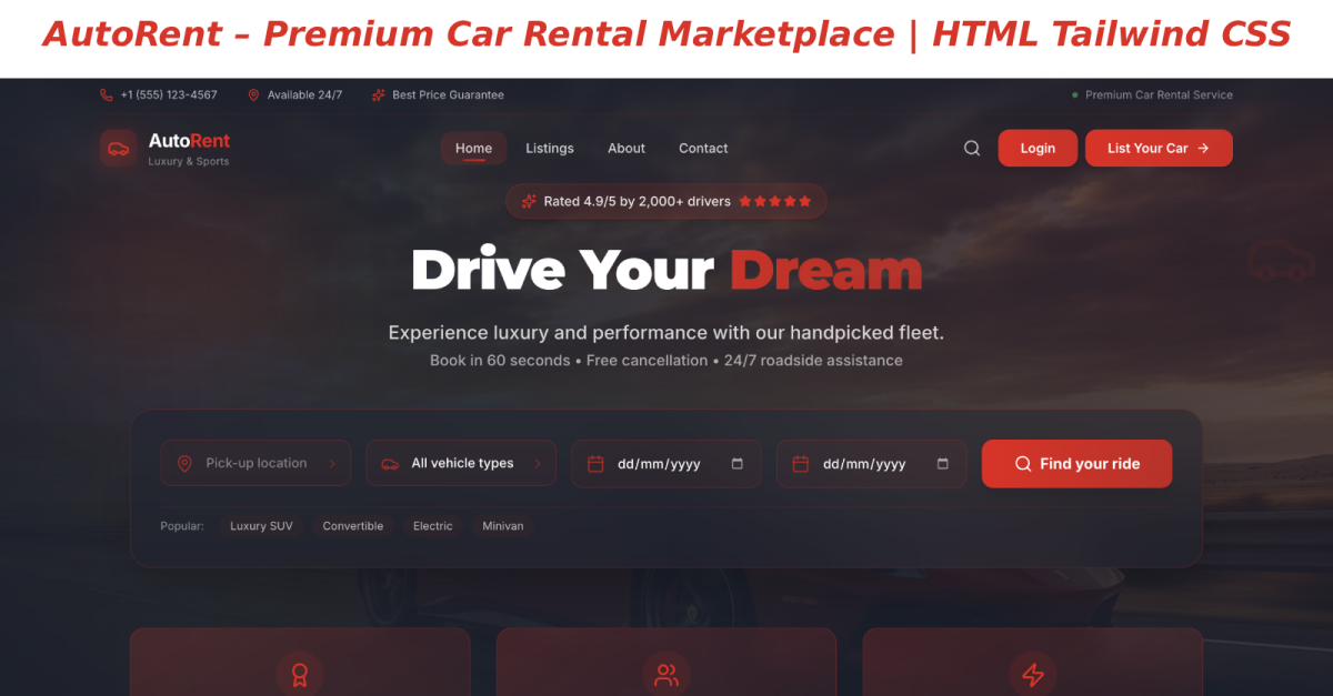 AutoRent – Premium Car Rental Marketplace | HTML Tailwind CSS Theme