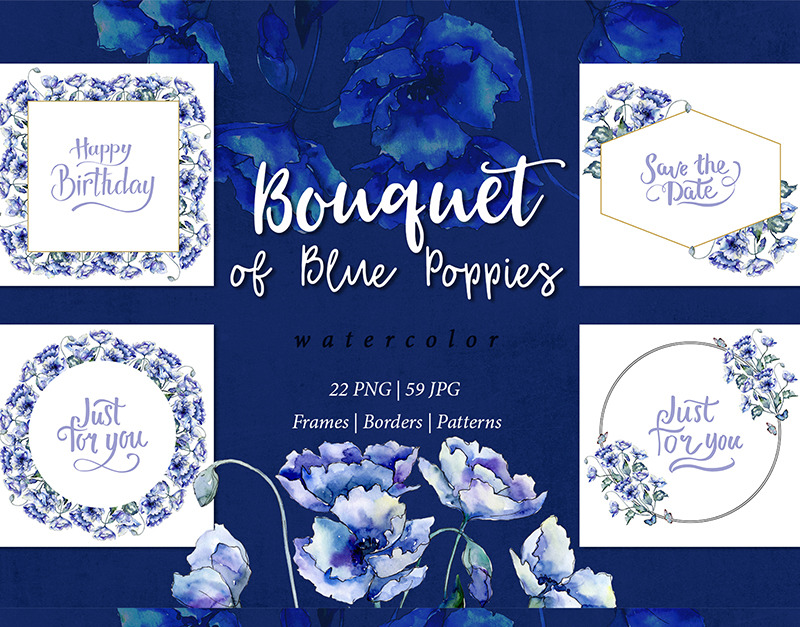 Mazzo Di Papaveri Blu Insieme Acquerello PNG - Illustrazione