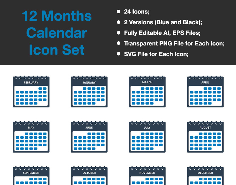 12 Months Calendar Icon Set #88533 - TemplateMonster