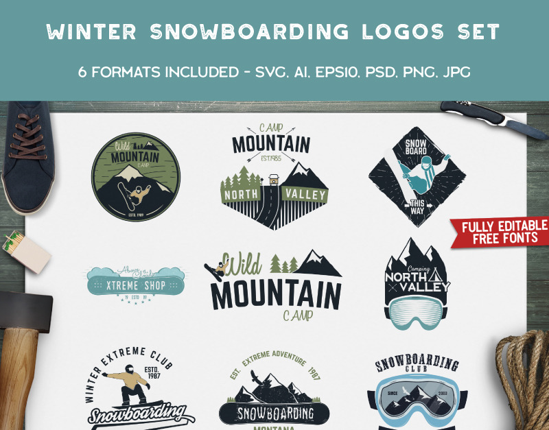 Plantilla de logotipo de diseños de snowboard de invierno