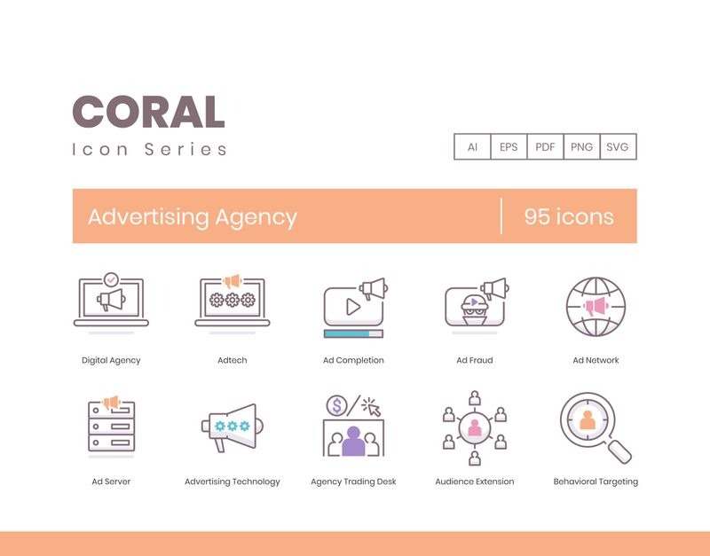 95 ícones de agências de publicidade - conjunto série Coral