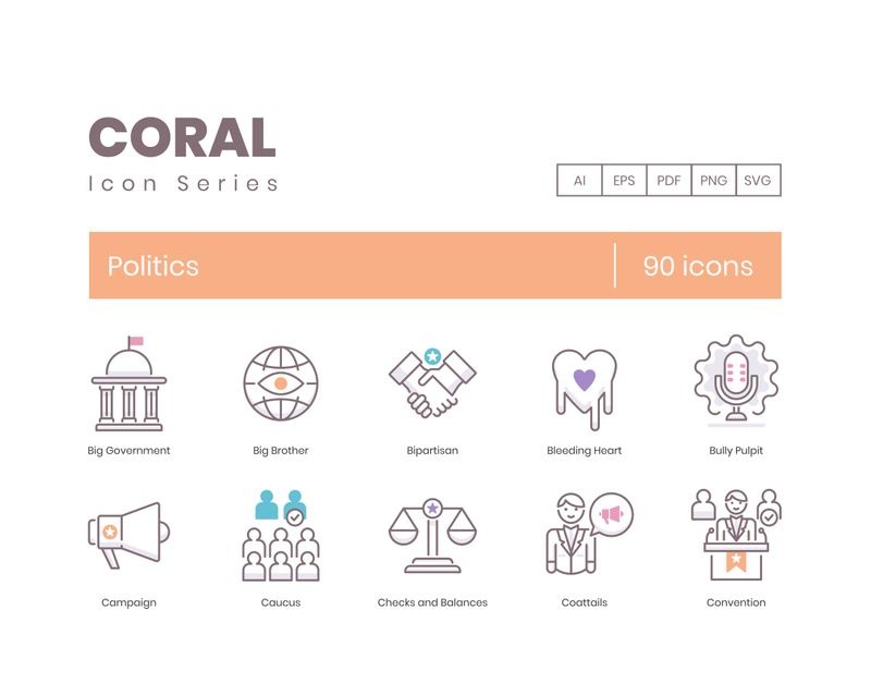 90 Politics Icons - Coral Series Set - TemplateMonster