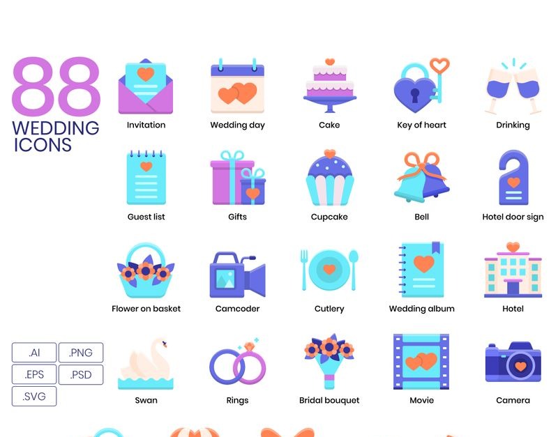 88 Wedding Icons - Violet Series Set - TemplateMonster