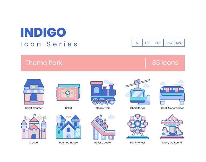 85 Theme Park Icons - Indigo Series Set - TemplateMonster