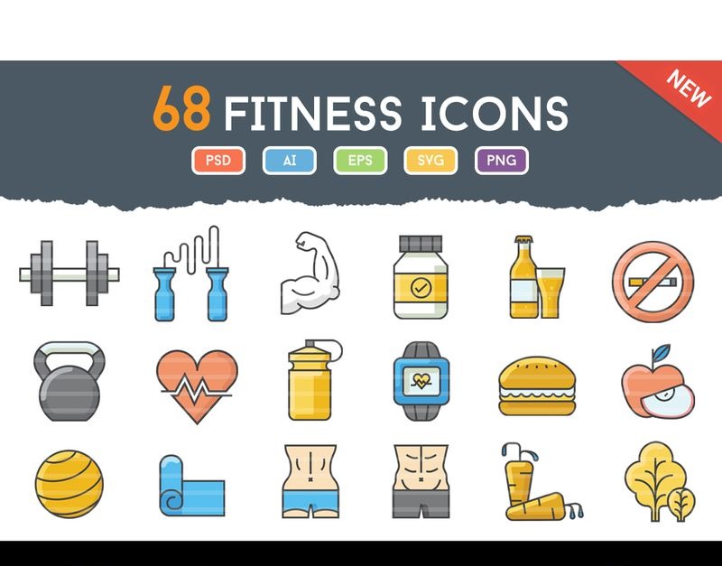68 Fitness Icons Set #90032 - TemplateMonster