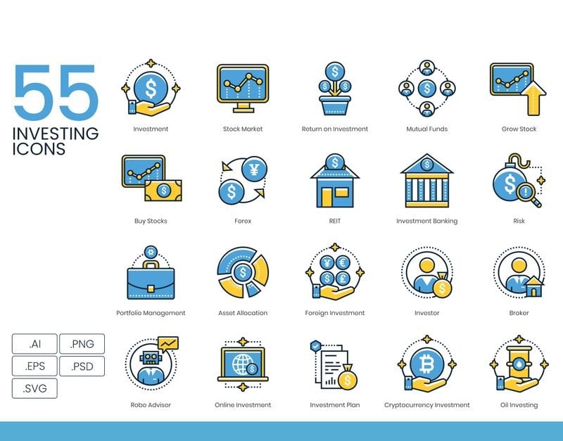 55 Investing Icons - Kinetic Series Set - TemplateMonster