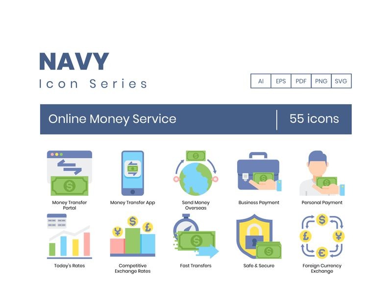 55 Online Money Service Icons - Navy Series Set