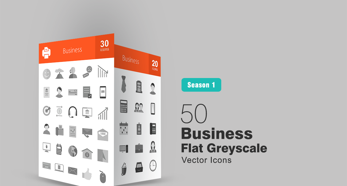 50 Business Flat Greyscale Icon Set #90588 - TemplateMonster