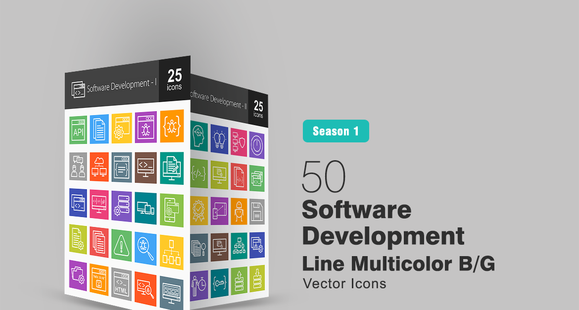 50 Software Development Line Multicolor B/G Icon Set