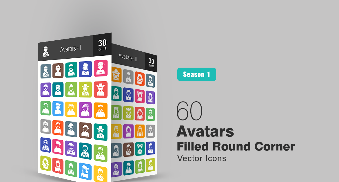 60 Avatars Filled Round Corner Icon Set - TemplateMonster
