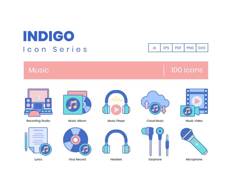 100 Music Icons - Indigo Series Set #91350 - TemplateMonster