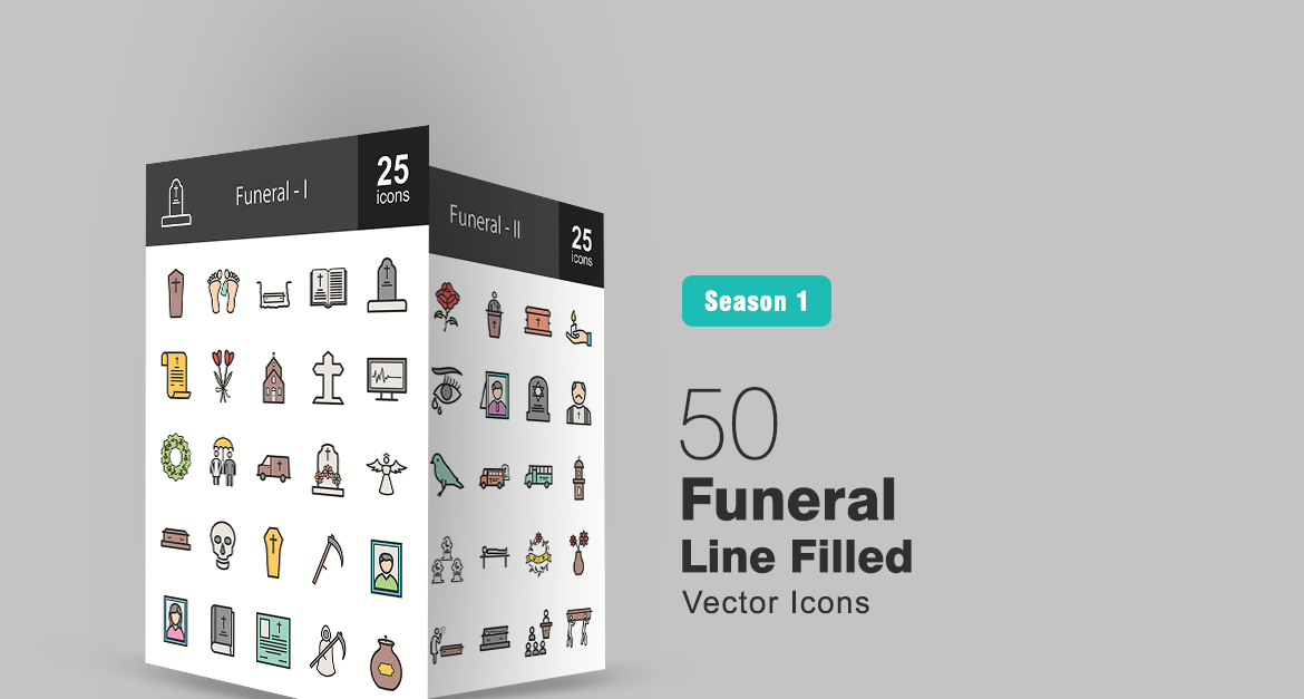 50 Funeral Filled Line Icon Set #91610 - TemplateMonster