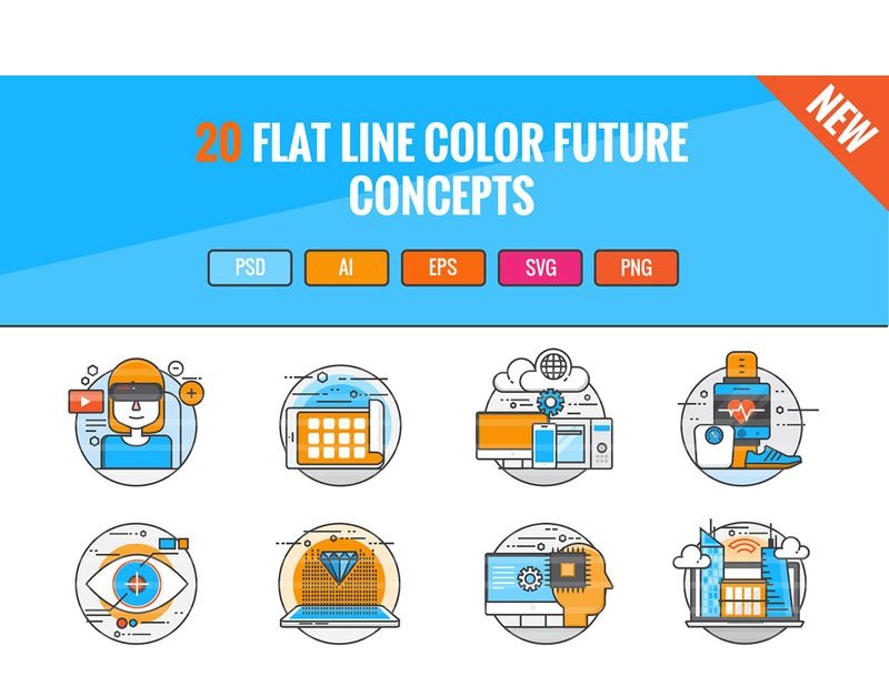 20 Flat Color Line Future Concepts Icon Set - TemplateMonster