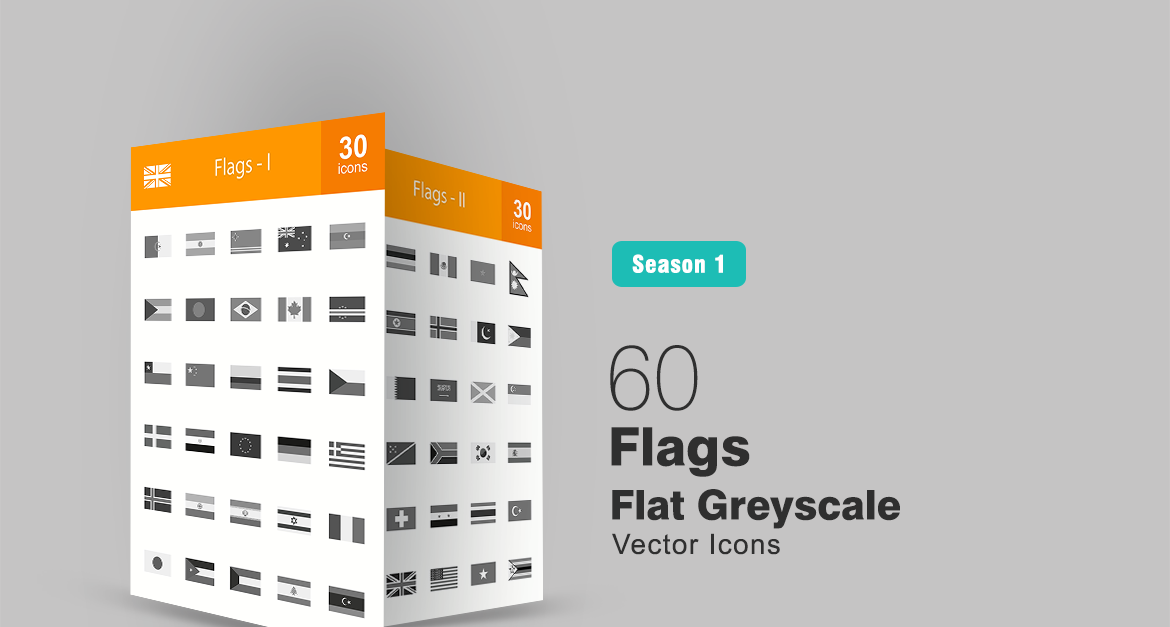 60 Flags Flat Greyscale Icon Set #91884 - TemplateMonster
