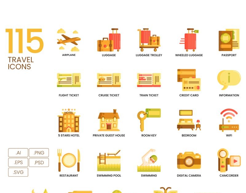 115 Travel Icons - Caramel Series Set - TemplateMonster
