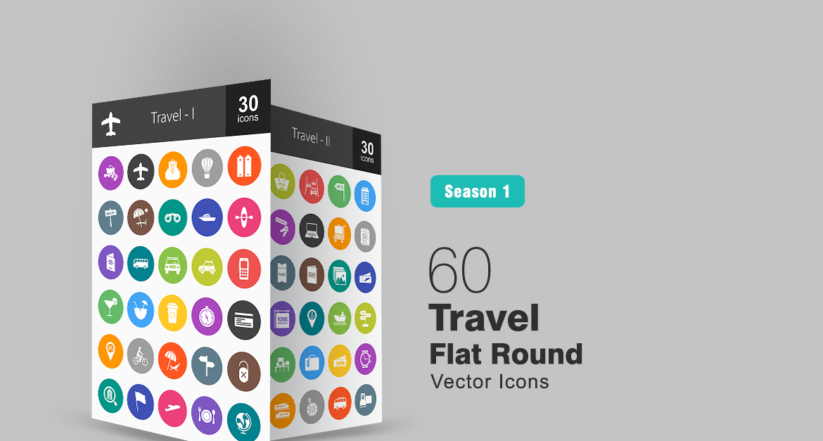 60 Travel Flat Round Icon Set #92584 - TemplateMonster