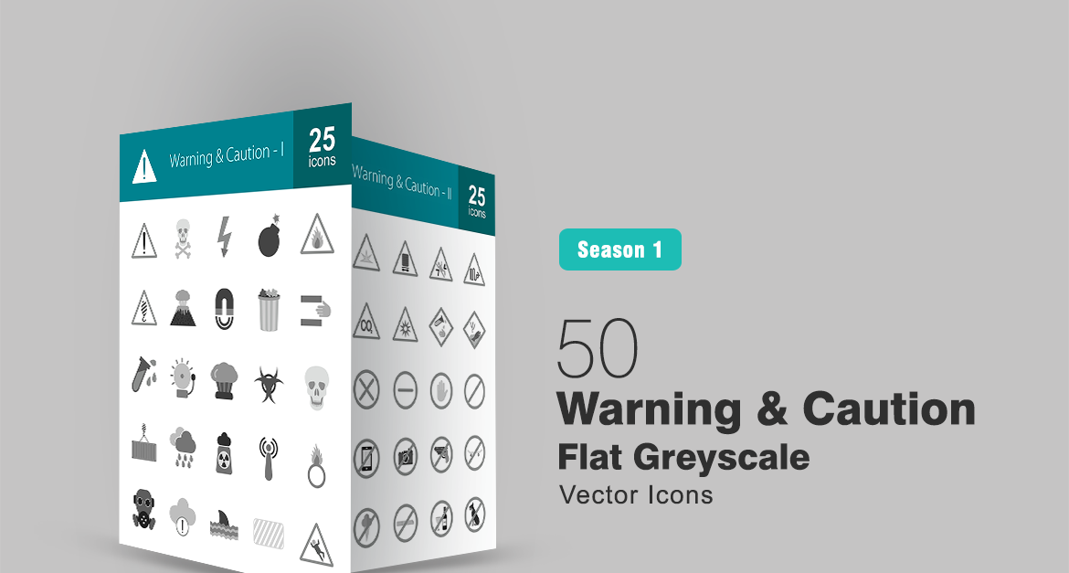 50 Warning & Caution Flat Greyscale Icon Set