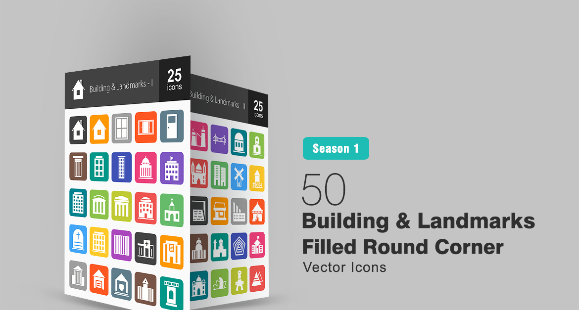 50 Buildings & Landmarks Filled Round Corner Icon Set
