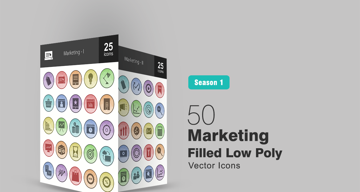 50 Marketing Filled Low Poly Icon Set - TemplateMonster