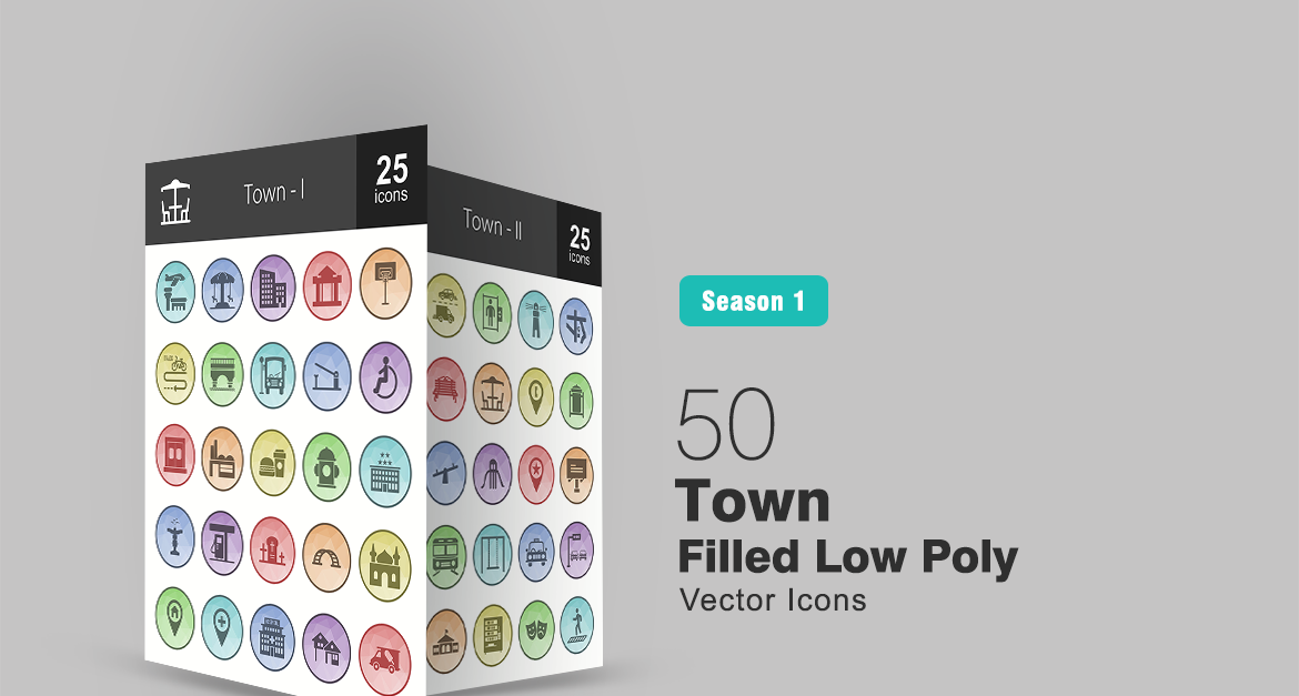 50 conjunto de iconos de Low Poly lleno de ciudad
