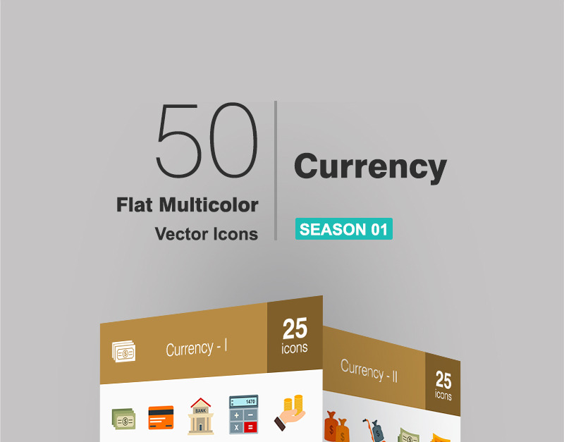 50 Currency Flat Multicolor Icon Set - TemplateMonster