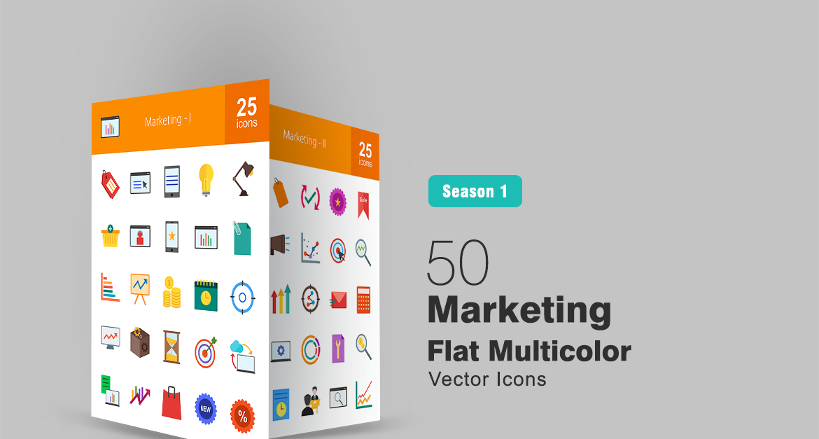 50 Marketing Flat Multicolor Icon Set - TemplateMonster