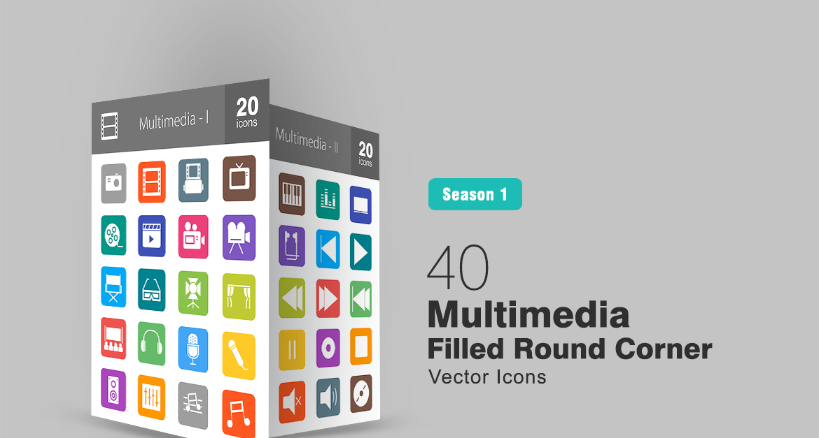40 Multimedia Filled Round Corner Icon Set - TemplateMonster