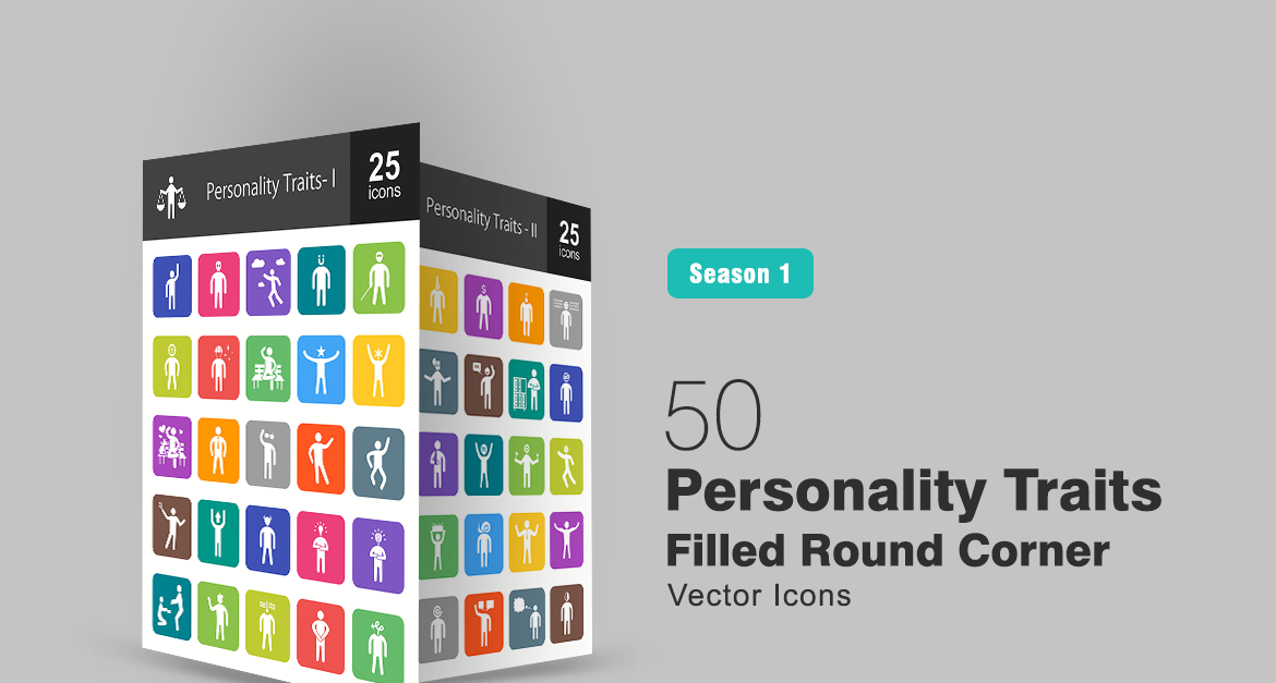 50 Personality Traits Filled Round Corner Icon Set