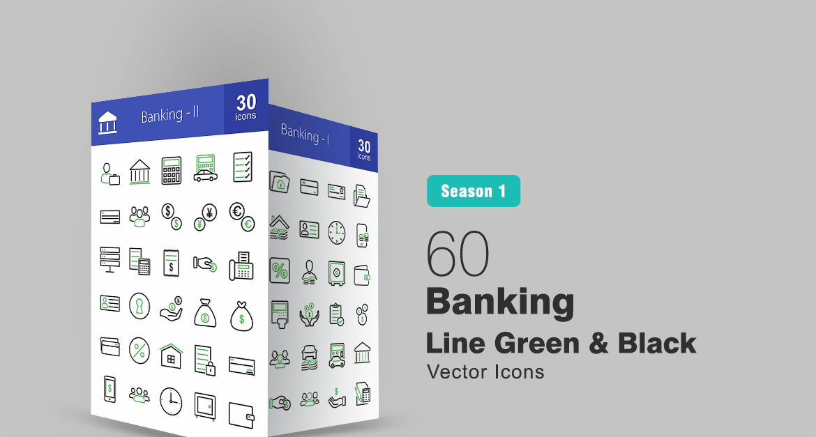 60 Banking Line Green & Black Icon Set - TemplateMonster
