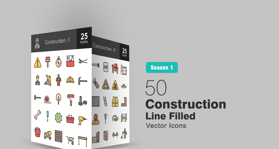50 Construction Filled Line Icon Set - TemplateMonster