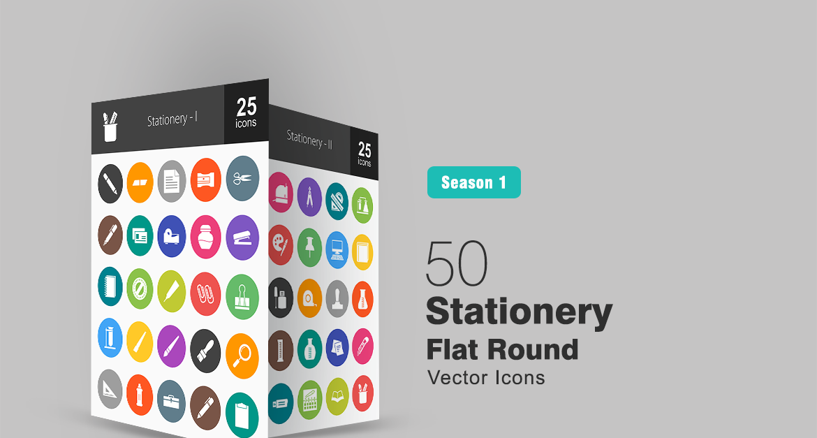 50 Stationery Flat Round Icon Set #93926 - TemplateMonster