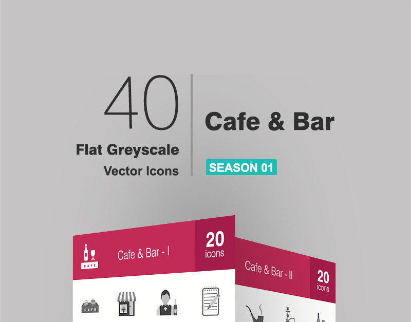 40 Cafe & Bar Flat Greyscale Icon Set - TemplateMonster