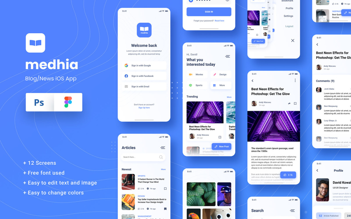 Medhia Blog News IOS App Figma PSD Template UI Elements Free 