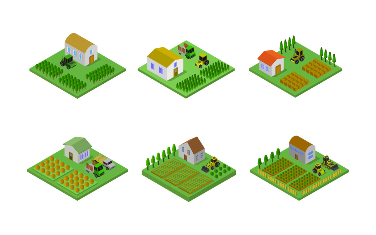Set Of Isometric Farms - Vector Image - TemplateMonster