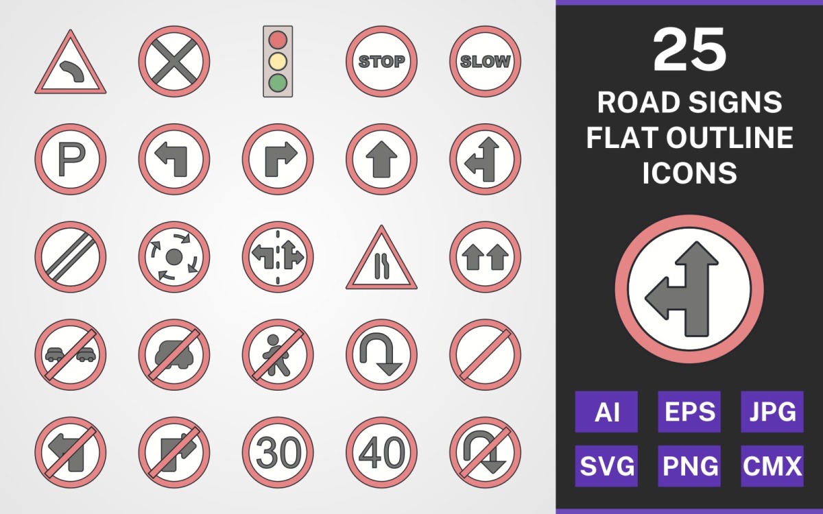 25 ROAD SIGNS FLAT OUTLINE PACK Icon Set - TemplateMonster