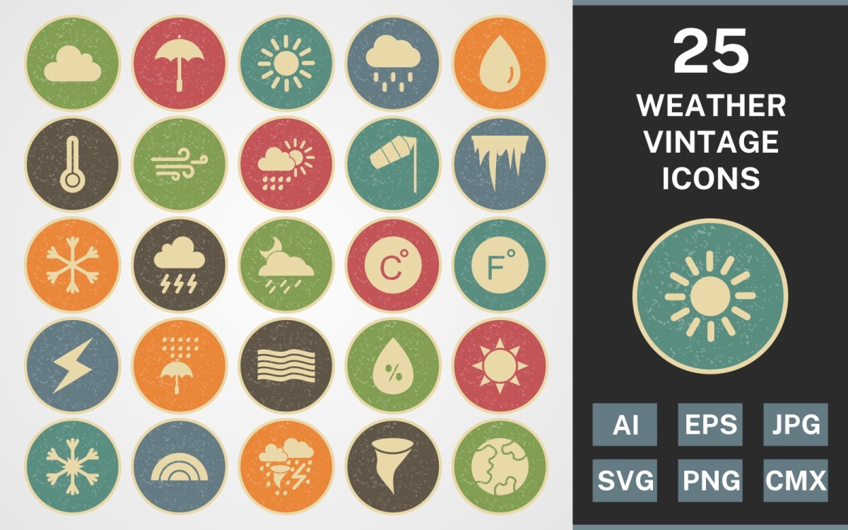 25 WEATHER VINTAGE PACK Icon Set #117801 - TemplateMonster