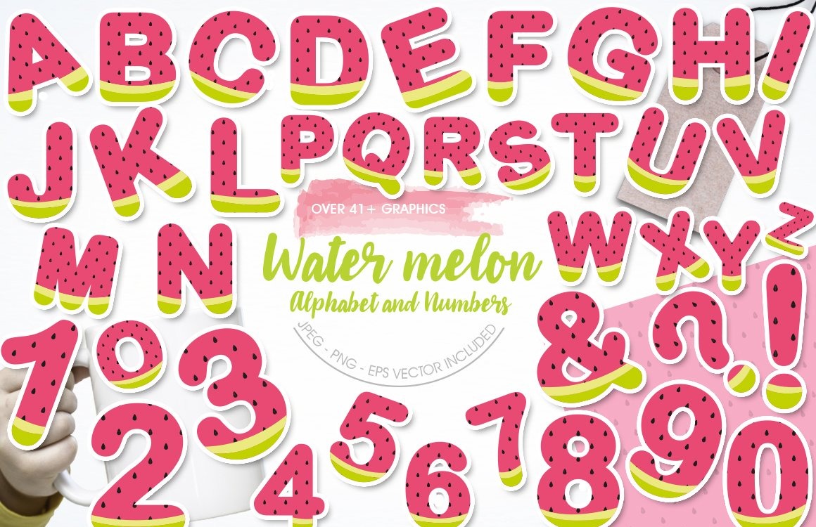 Watermelon Alphabet and Numbers - Vector Image