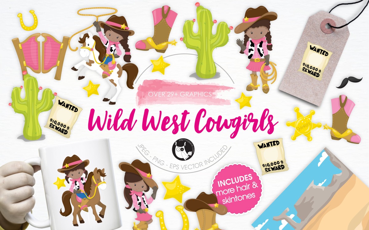 Wild West Cowgirls illustration pack - Vector Image