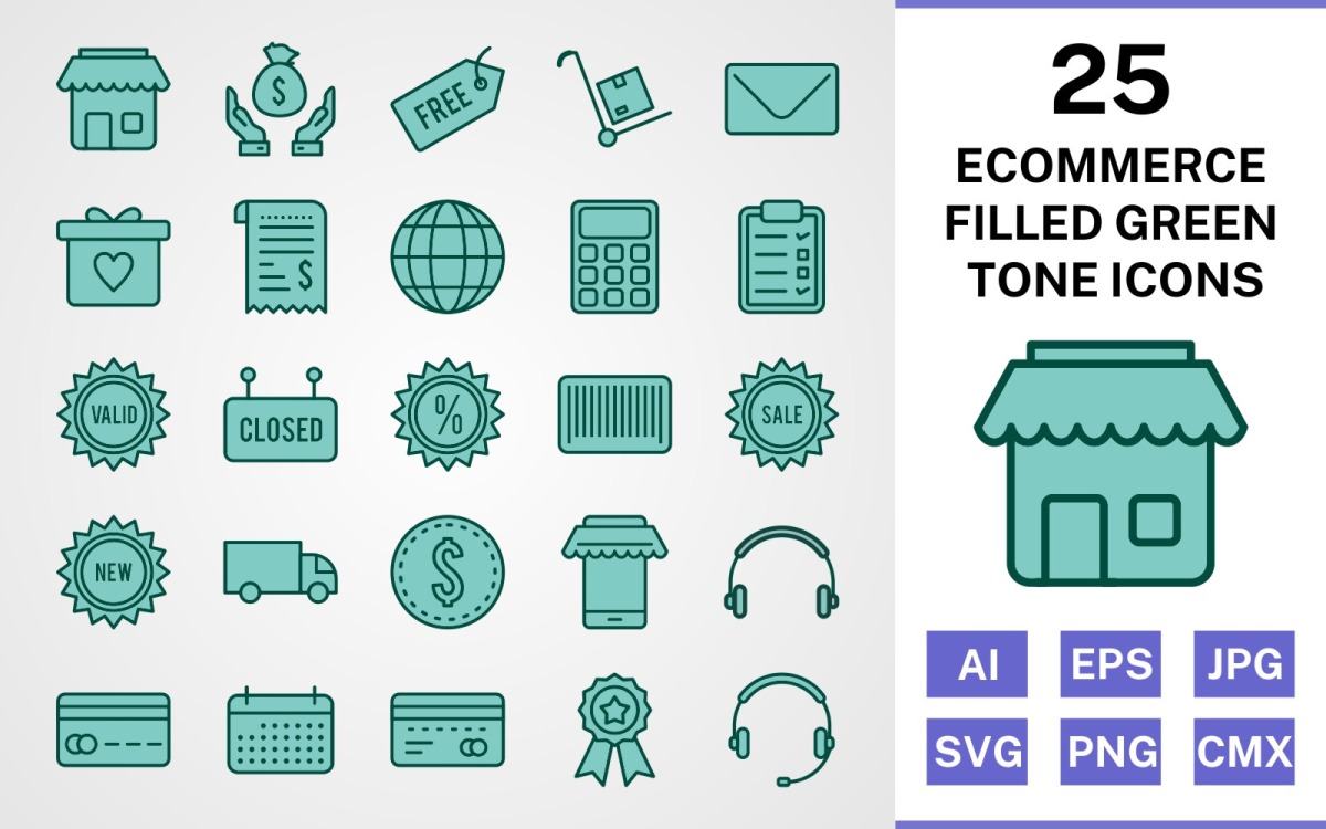 25 Ecommerce Filled Green Tone Icon Set - TemplateMonster
