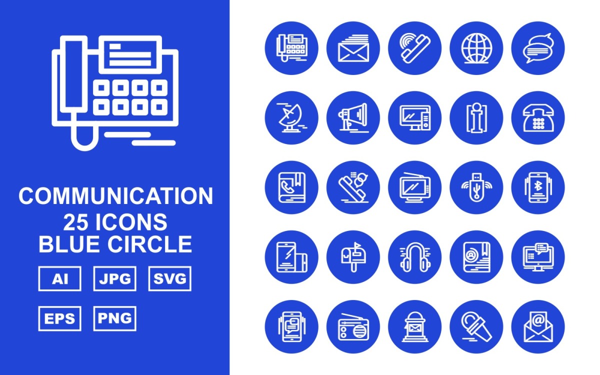 25 Premium Communication Blue Circle Icon Set