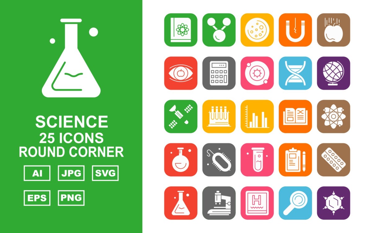25 Premium Science Round Corner Icon Set - TemplateMonster