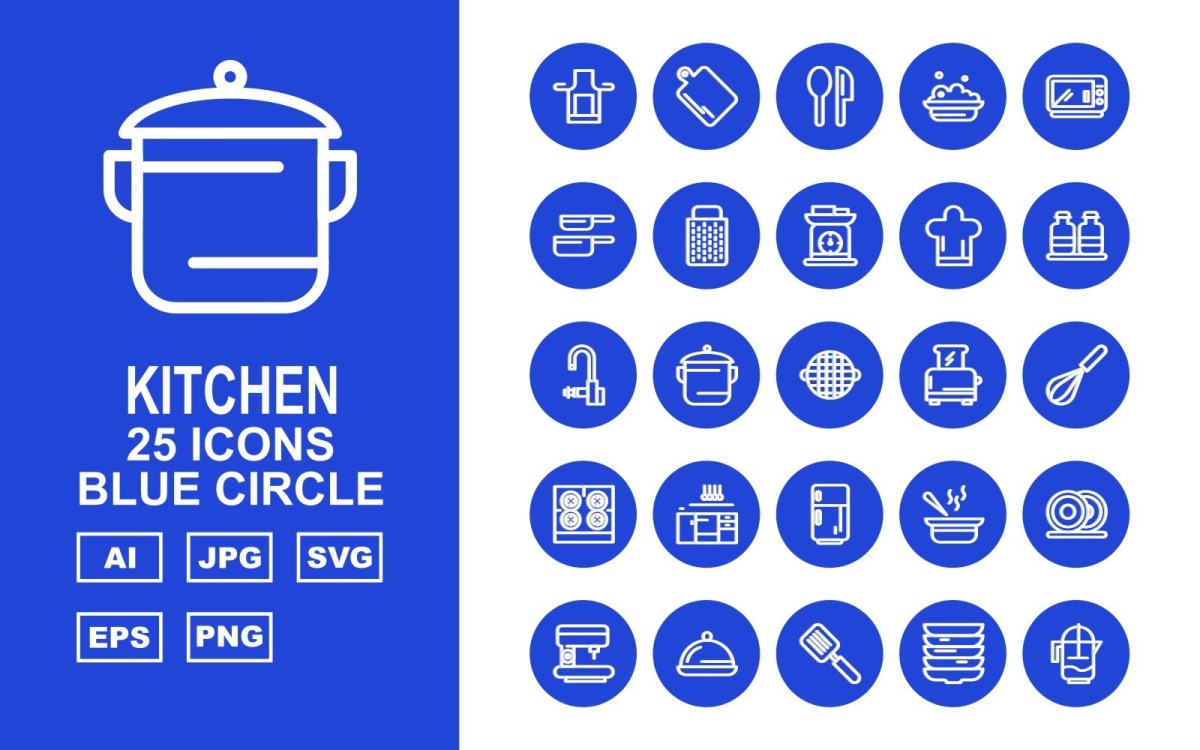 25 Premium Kitchen Blue Circle Icon Set - TemplateMonster
