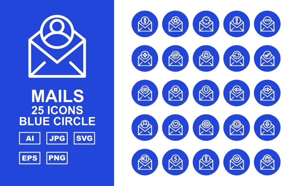25 Premium Mails Blue Circle Icon Set - TemplateMonster
