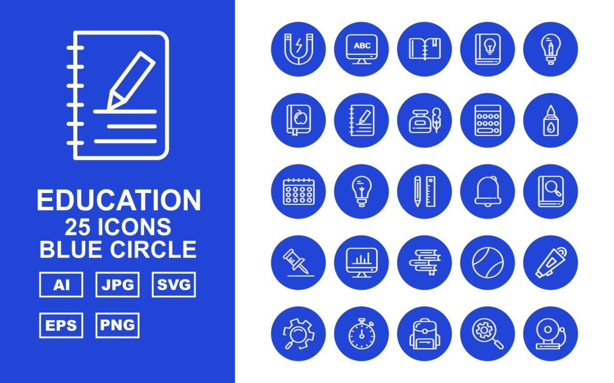 25 Premium Education Blue Circle Icon Set - TemplateMonster