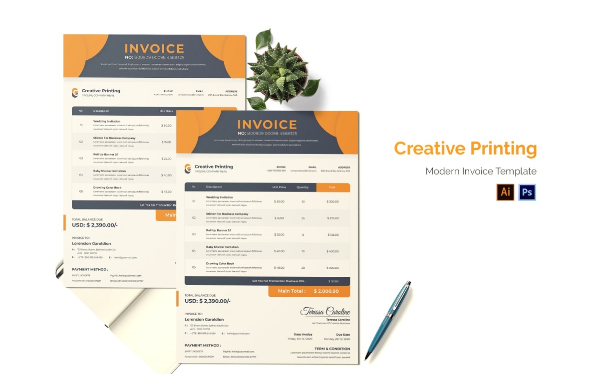 Creative Printing Invoice #184965 - TemplateMonster