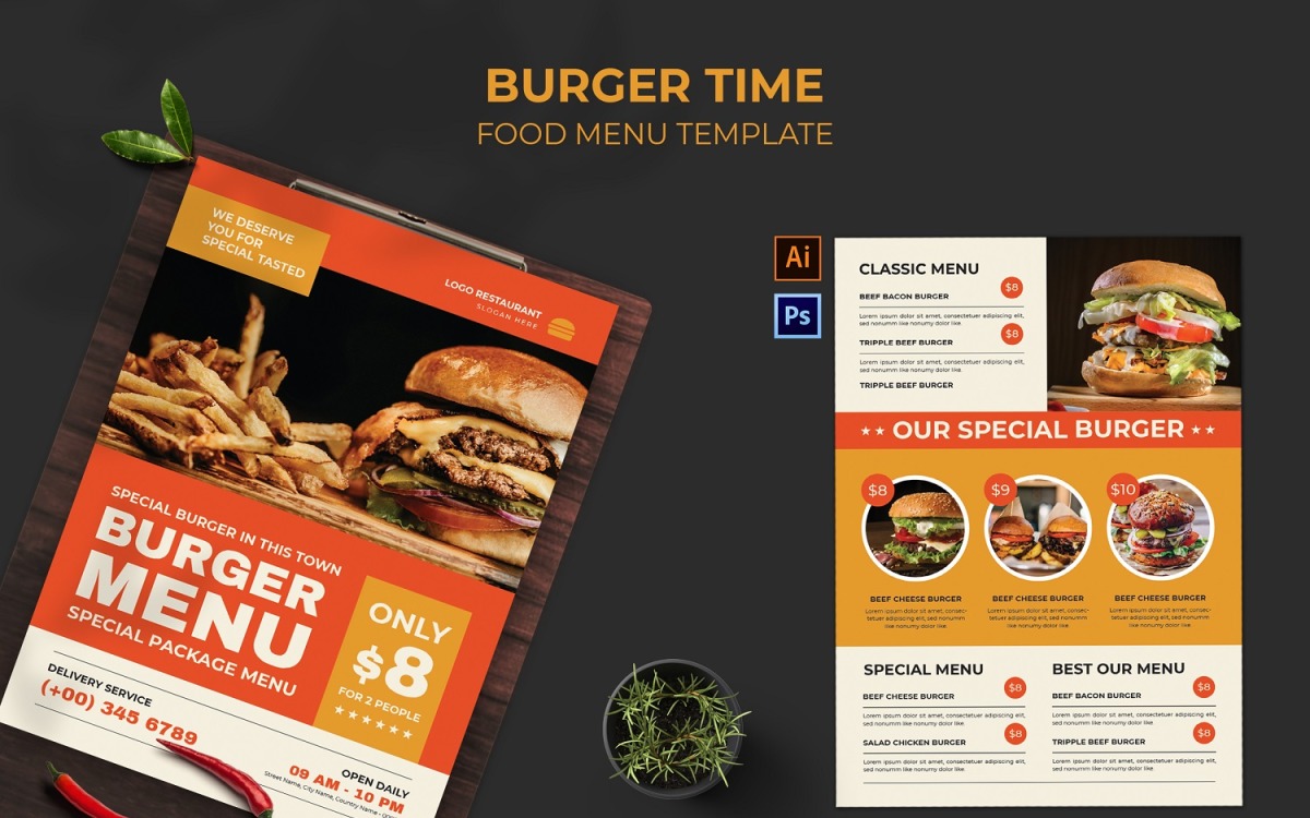 Menu di cibo classico Burger Time #212407 - TemplateMonster