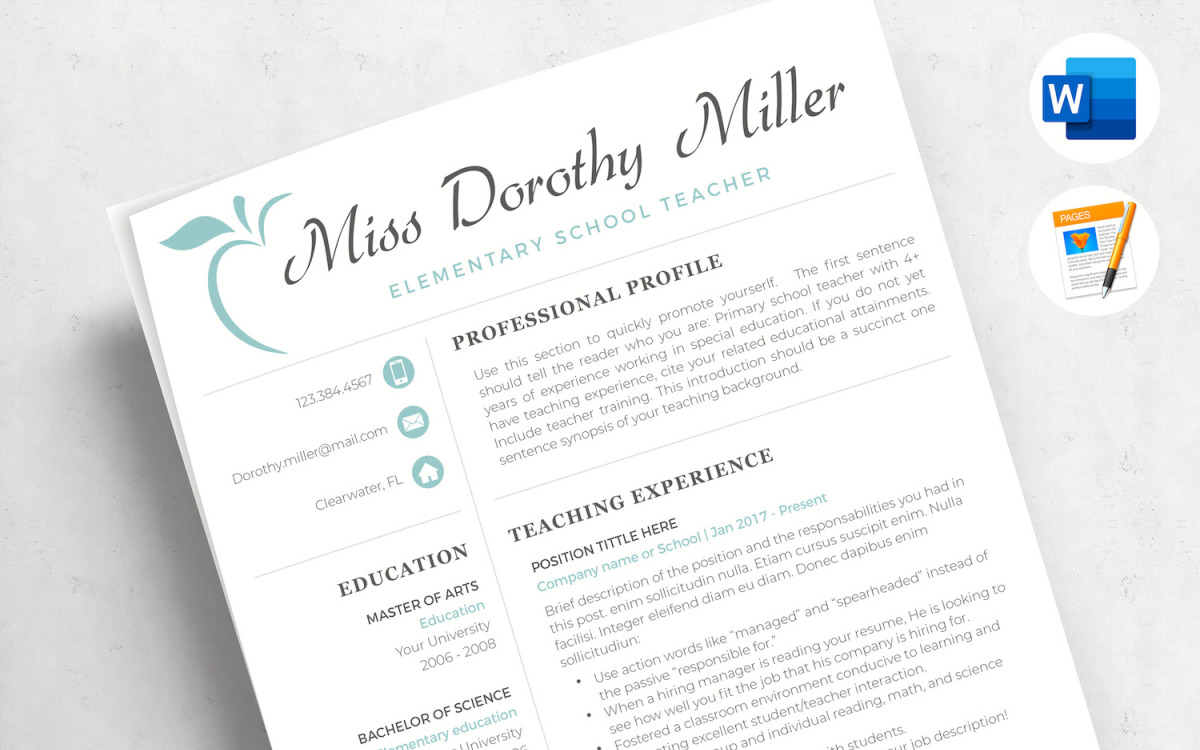 DOROTHY - Elementary Teacher CV Template for MS Word & Pages with Cover ...