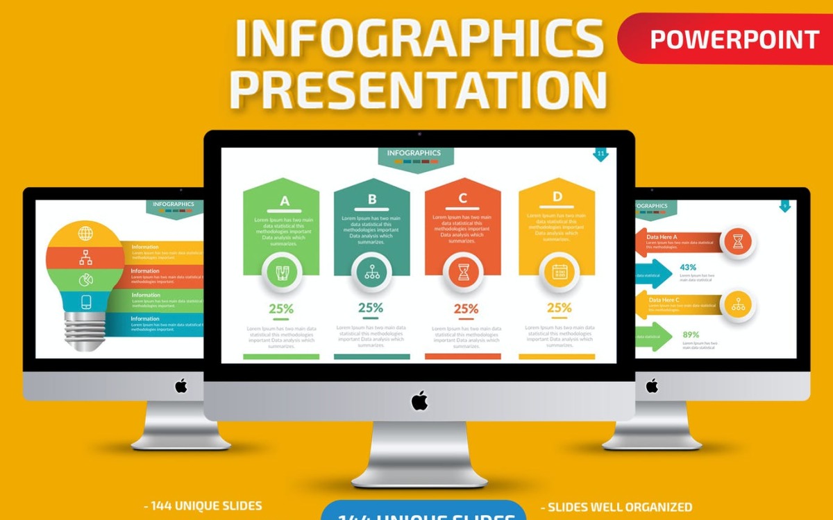 144 einzigartige Infografiken Powerpoint-Folien plus 1000 Icon-Set