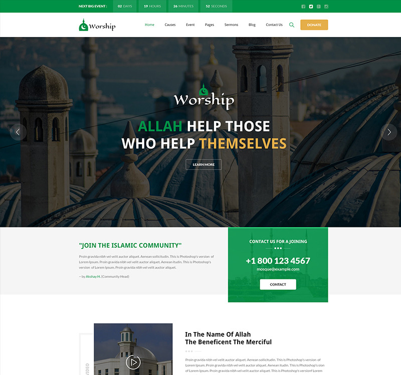 Worship - Islamic Center Bootstrap HTML Website Template