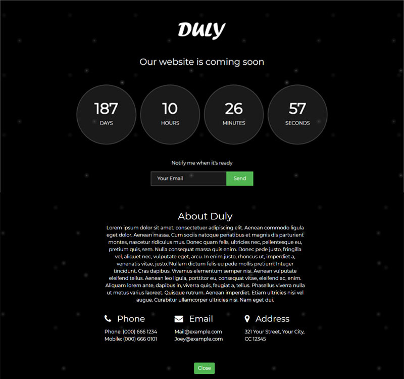 Duly - Coming Soon Specialty Page #67029 - TemplateMonster